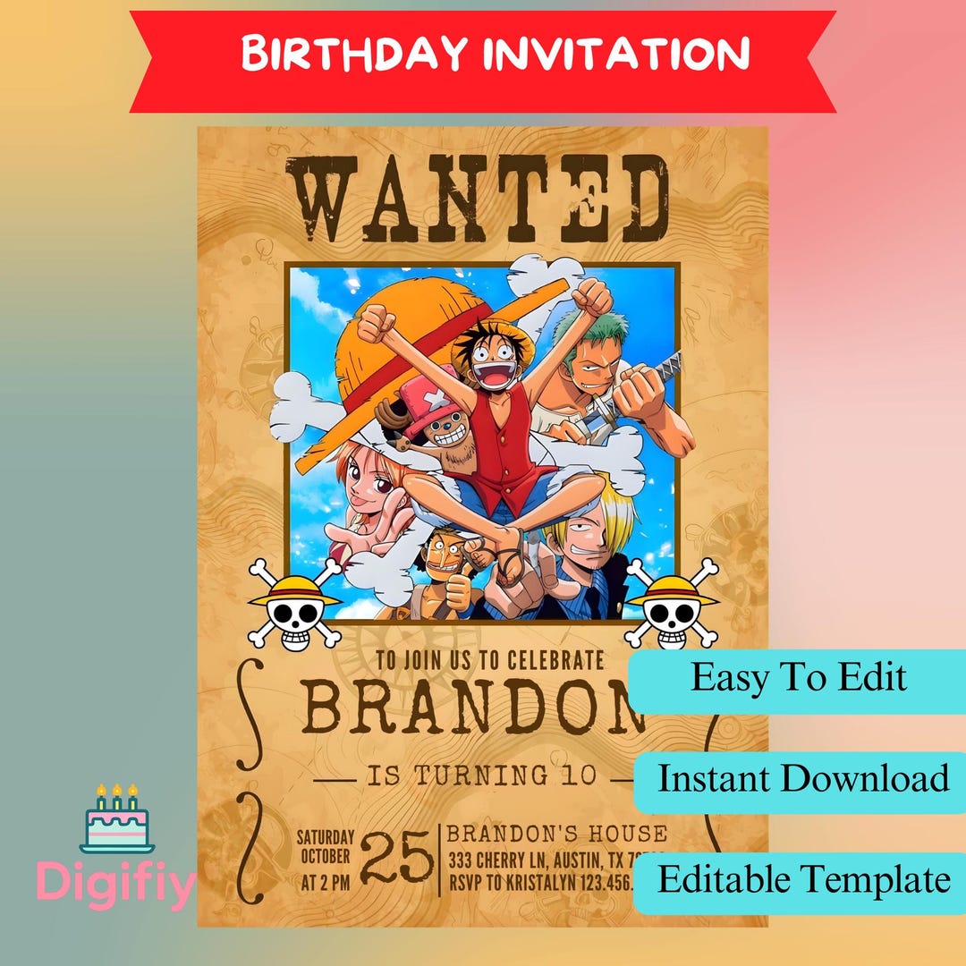 One Piece Inspired Birthday Invitation | Anime Pirate Party Invite ...