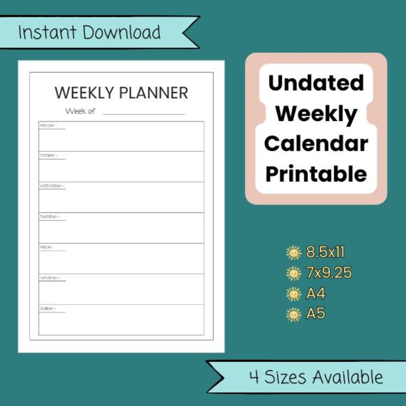 Minimal Undated Weekly Planner Printable (4 Sizes) - Etsy