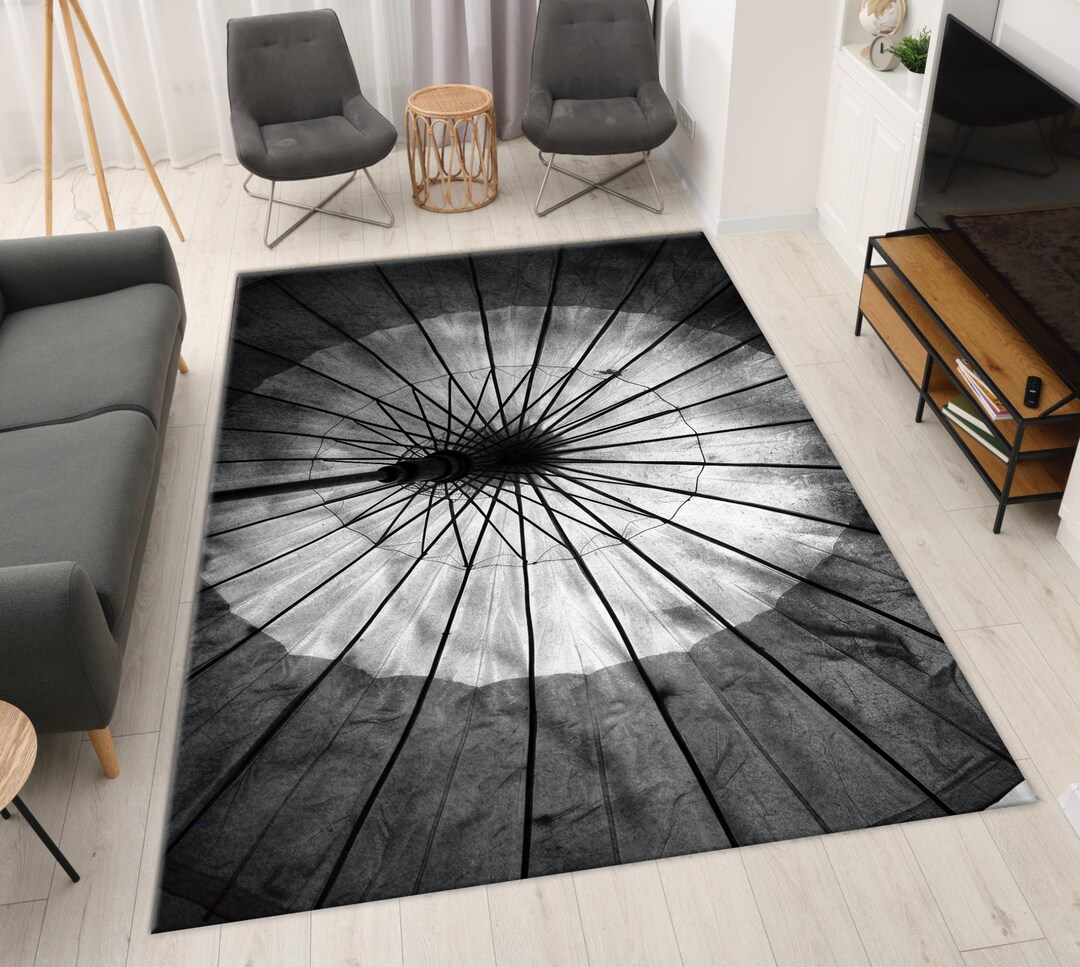 Modern Black and White Geometric Rug: Radial Sunburst Pattern Flatwoven ...