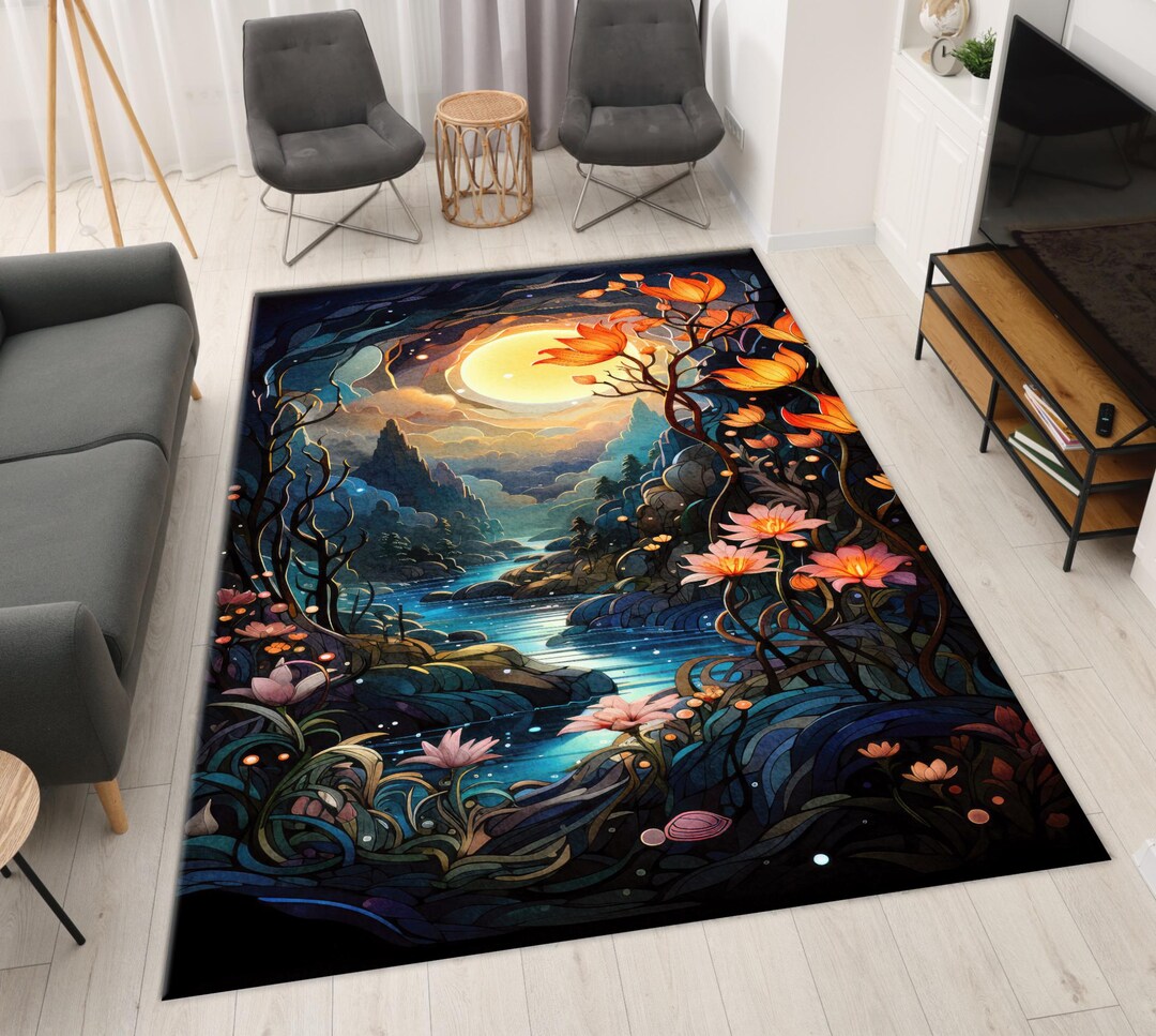 Stained Glass Style Fantasy Landscape Rug: Enchanted Forest Fairycore ...