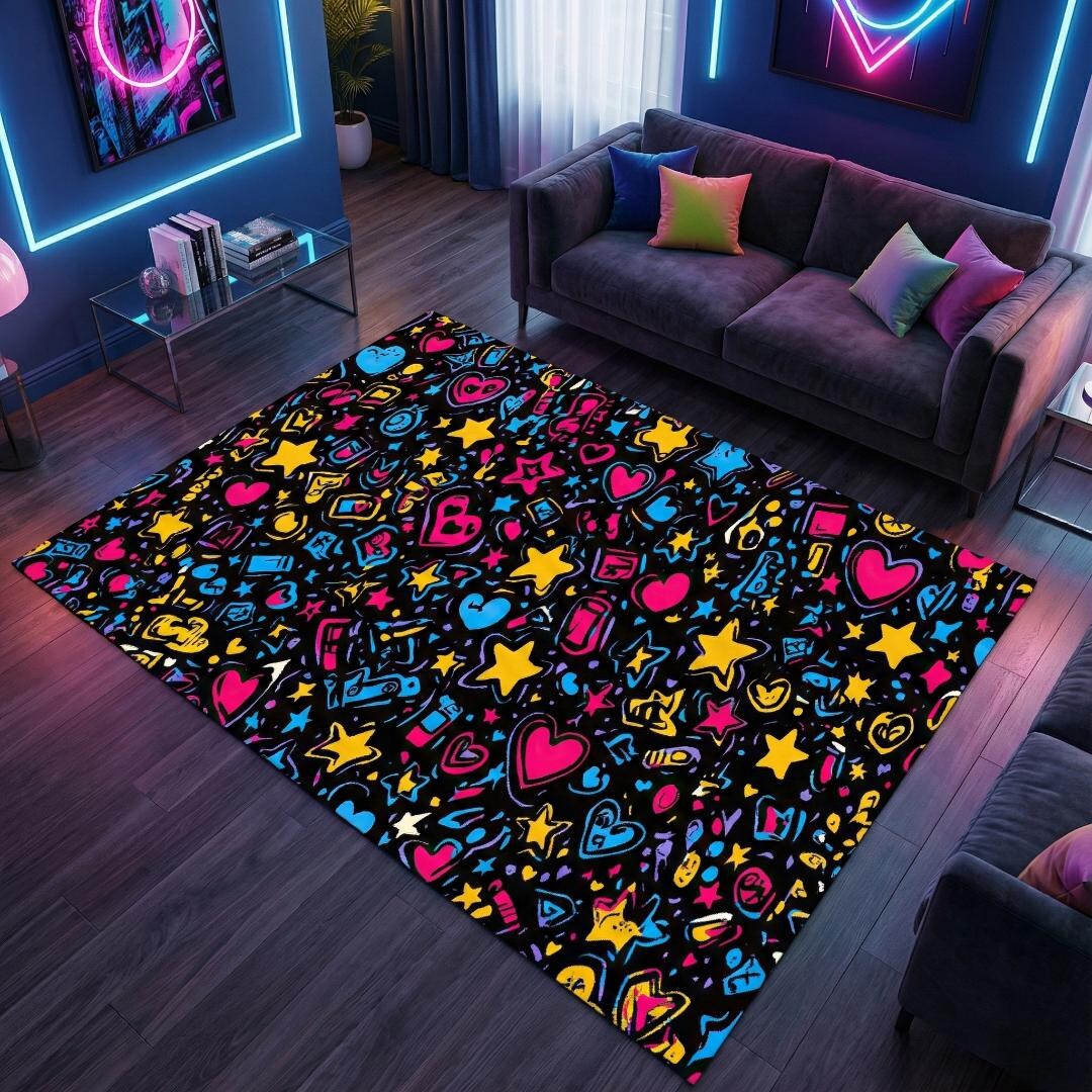 Funky Doodle Art Area Rug: Hearts, Stars, Graffiti Style - Etsy