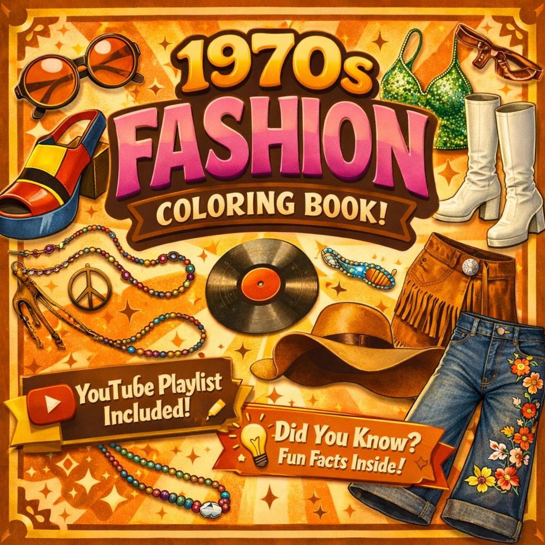 70s Fashion Coloring Pages Printable, 1970s Retro Style Coloring Book ...