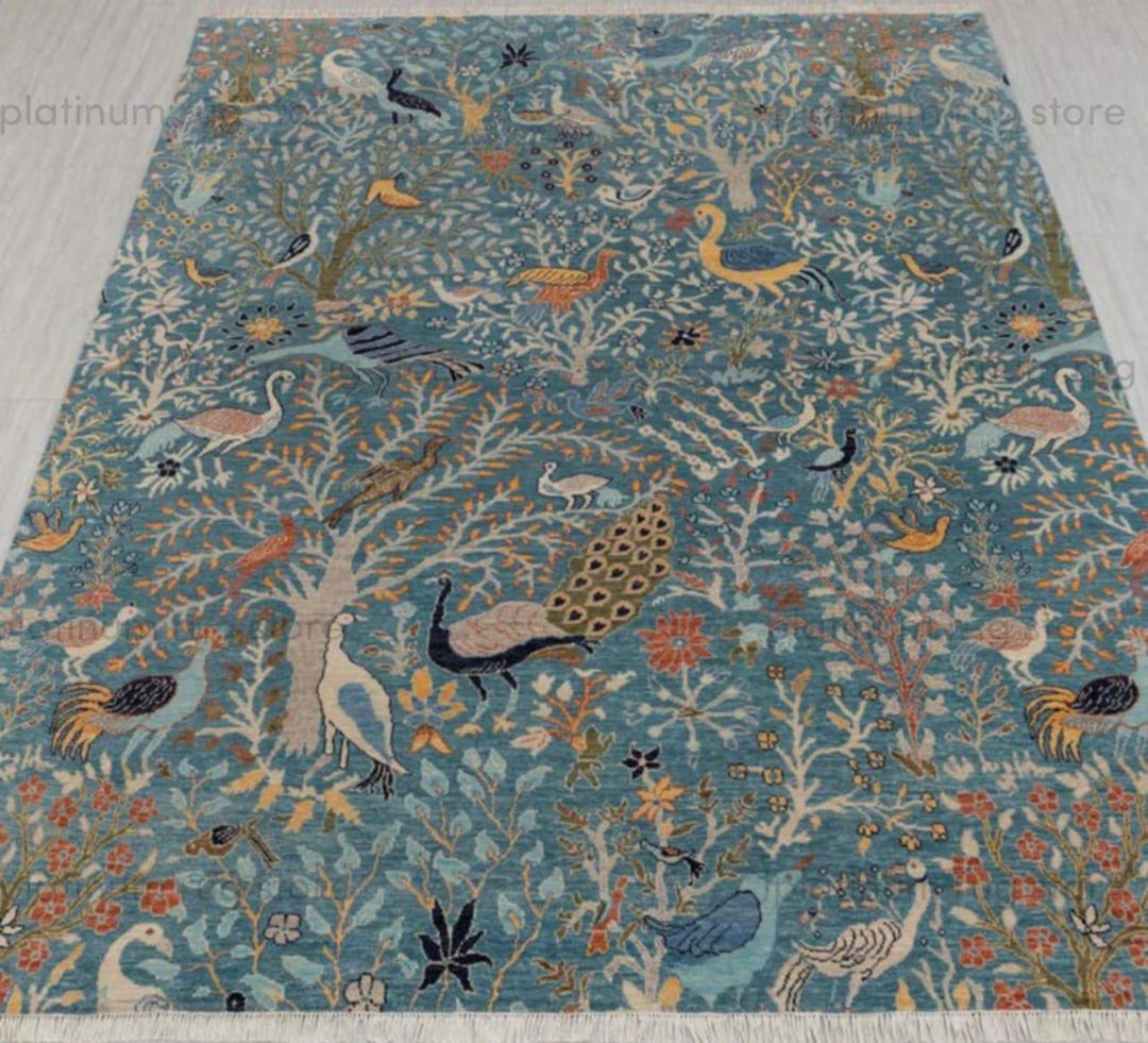 Hand Knotted Bird Pattern Wool Rug | Teal Blue Nature Inspired Area Rug ...