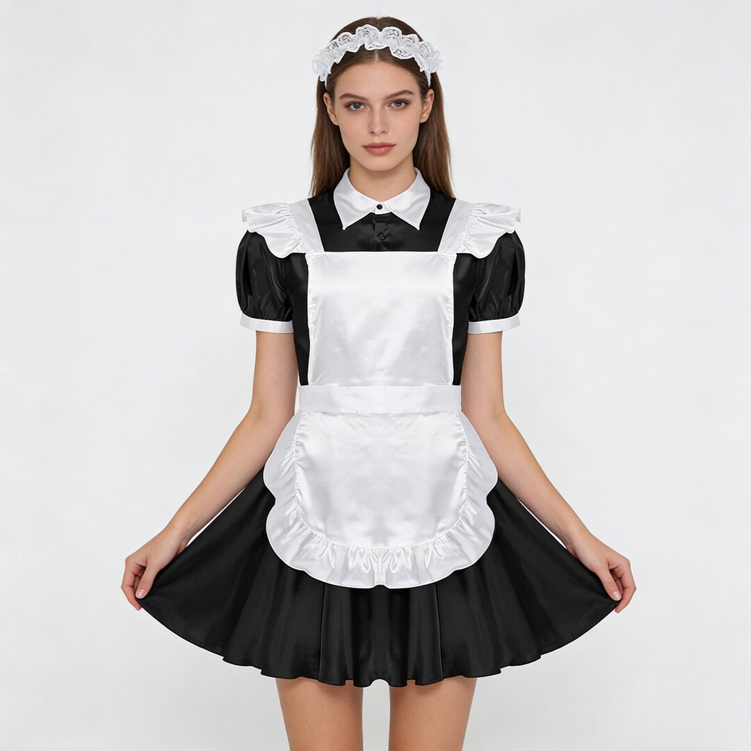Sissy Maid Cosplay Costume Puff Sleeve Frilly Satin French Apron ...