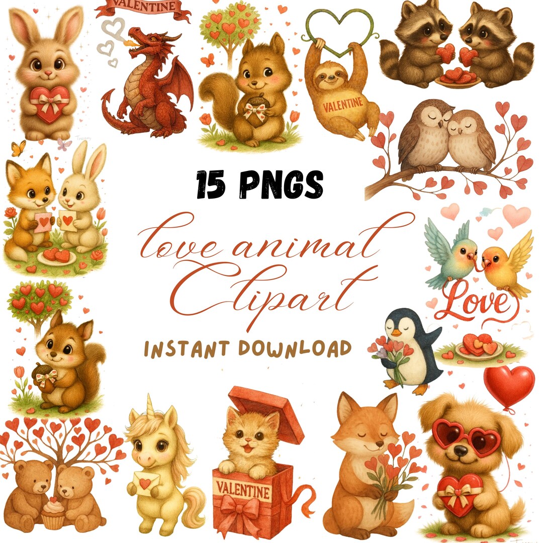 Love Animal Clipart Bundle | Watercolor Woodland Animals | Romantic ...