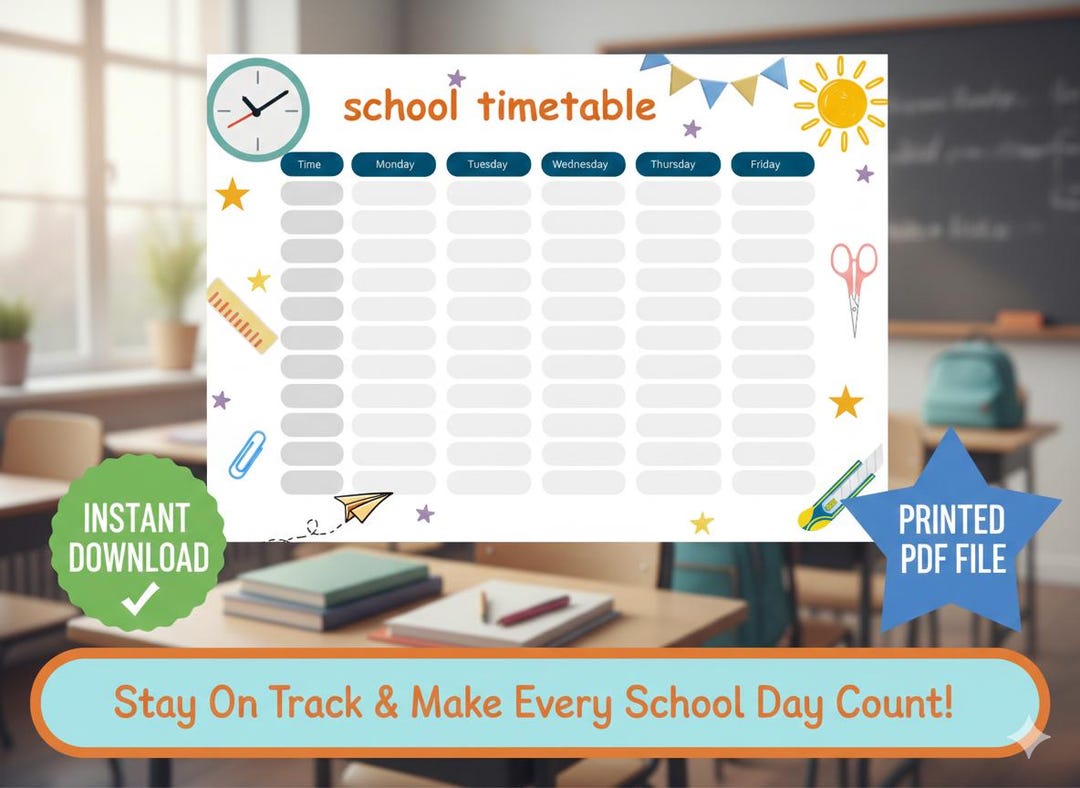 Printable School Timetable PDF Weekly Class Schedule Classroom Planner ...