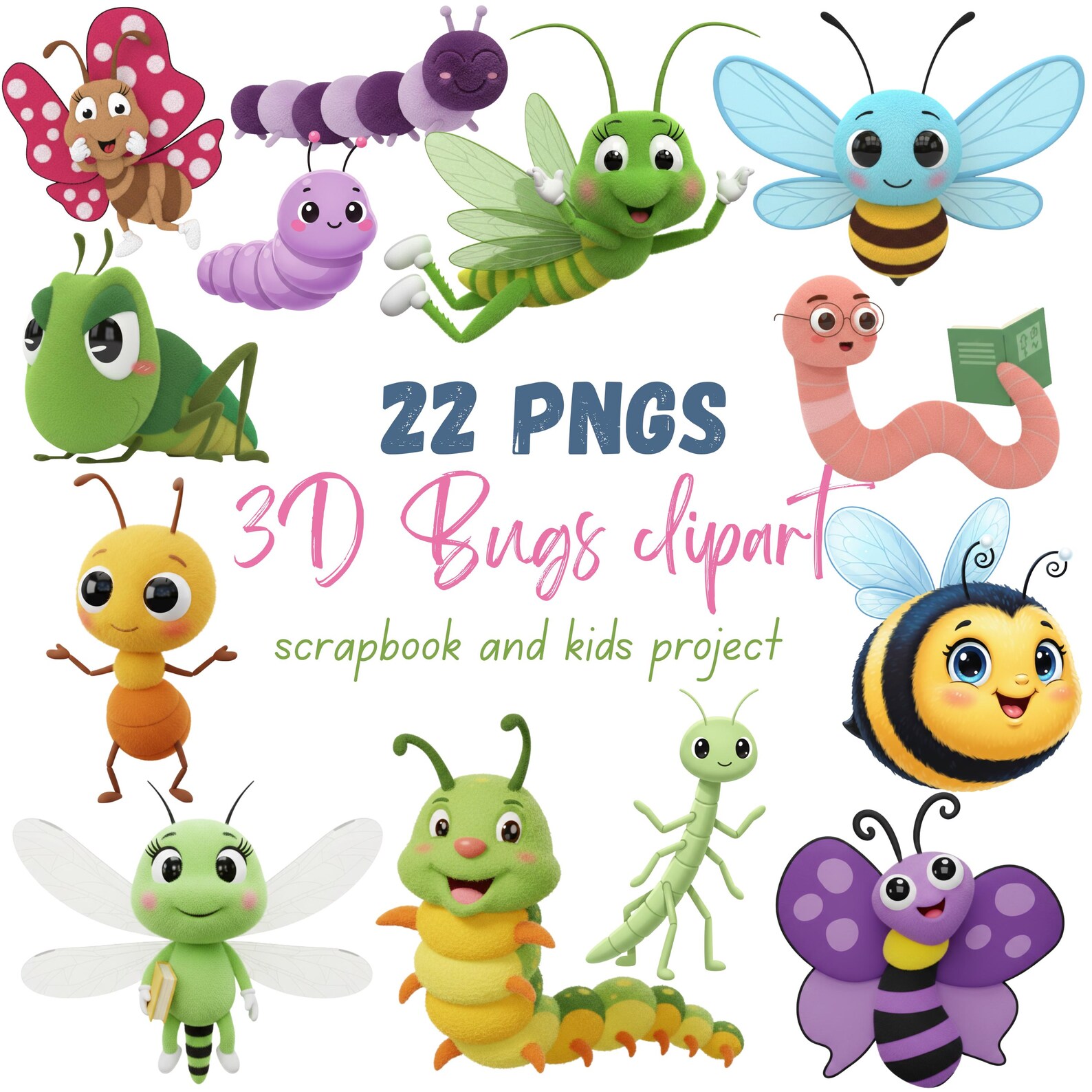 3D Bugs Clipart Bundle: 22 Kawaii Cartoon Insects (PNG Digital Download ...