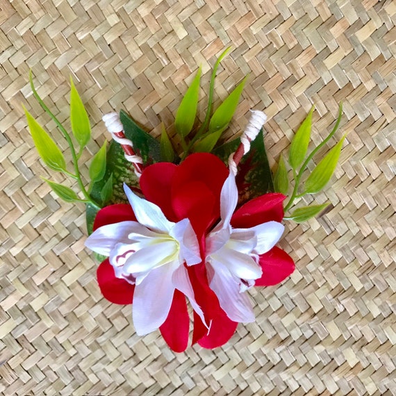 The Mambo Red and White Flower Hair Clip for Tiki Oasis Luau | Etsy