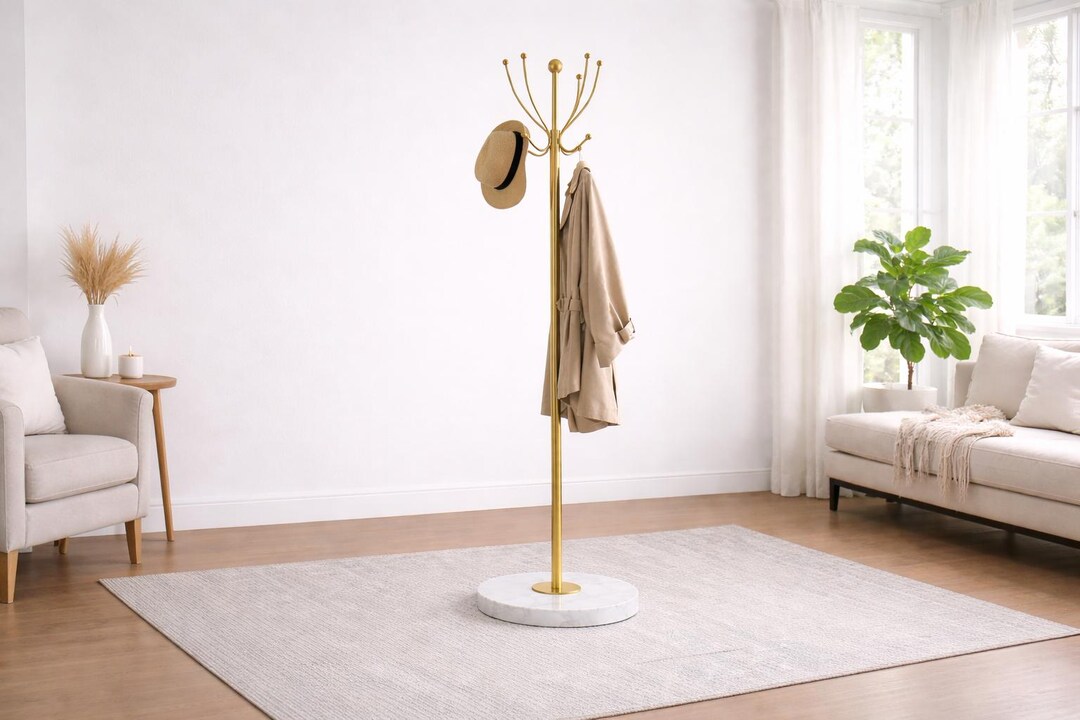 Modern Brass Freestanding Coat Rack With Marble Base | Space Saver ...