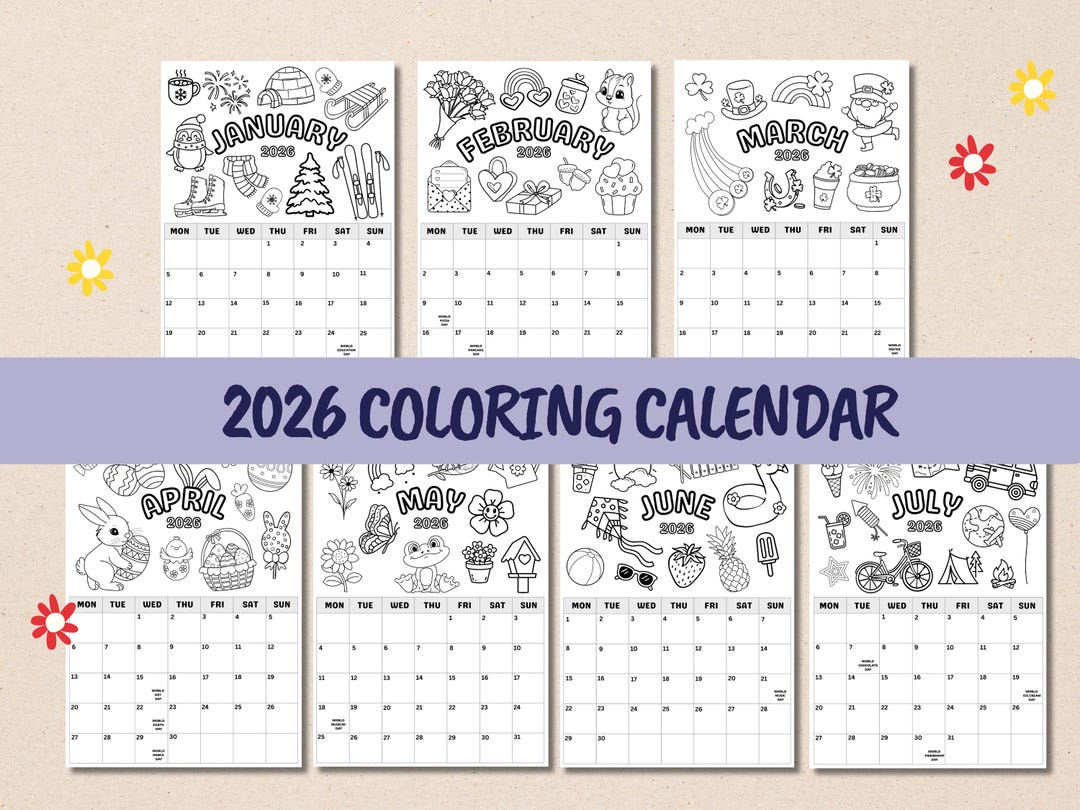 Kids Monthly Calendar 2026, Printable Coloring Calendar, World Days ...