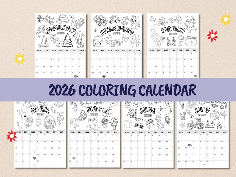 Kids Monthly Calendar 2026, Printable Coloring Calendar, World Days ...