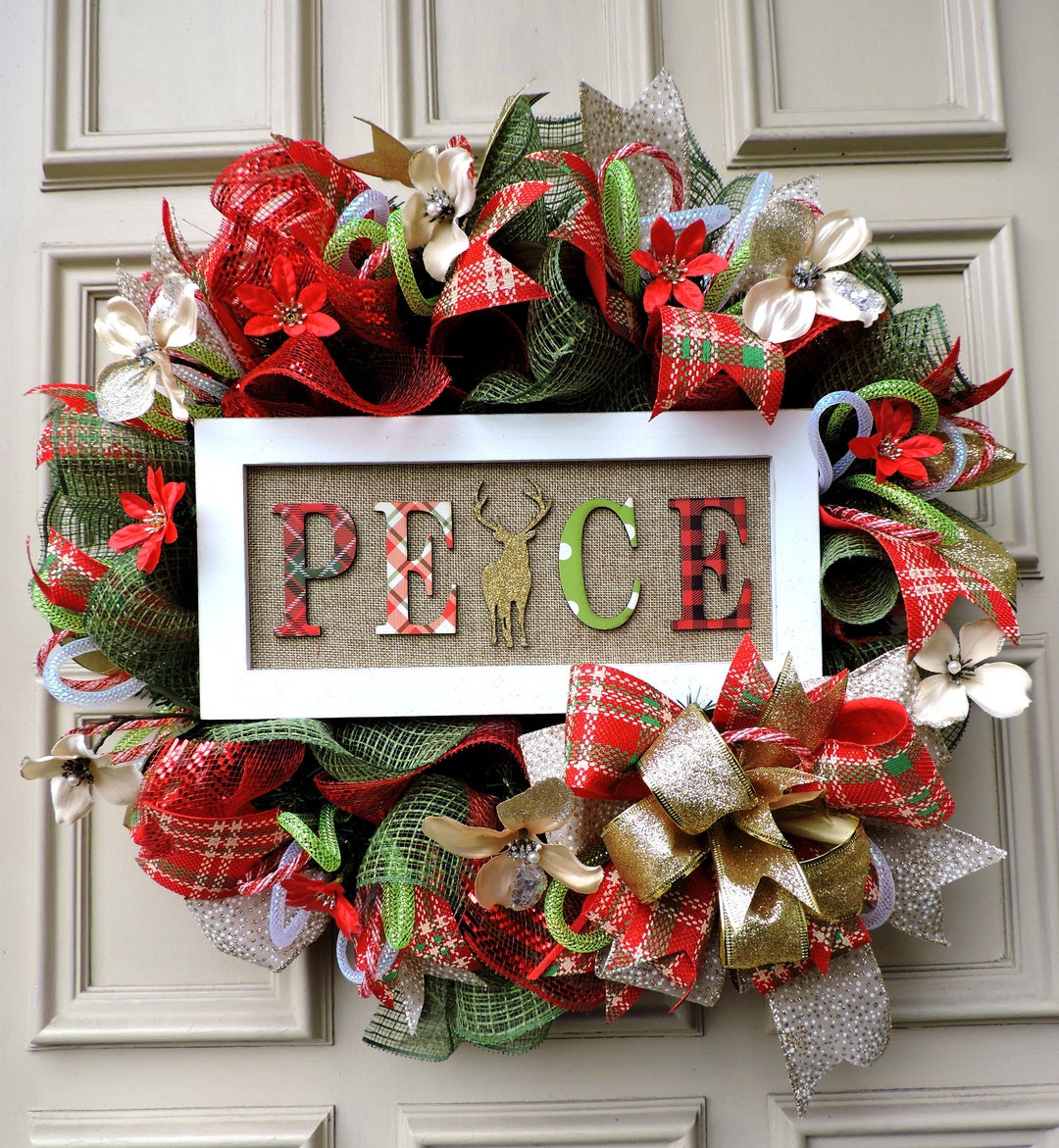 Christmas Peace Wreath 21 Inch Mesh Door Wreath Winter Porch - Etsy