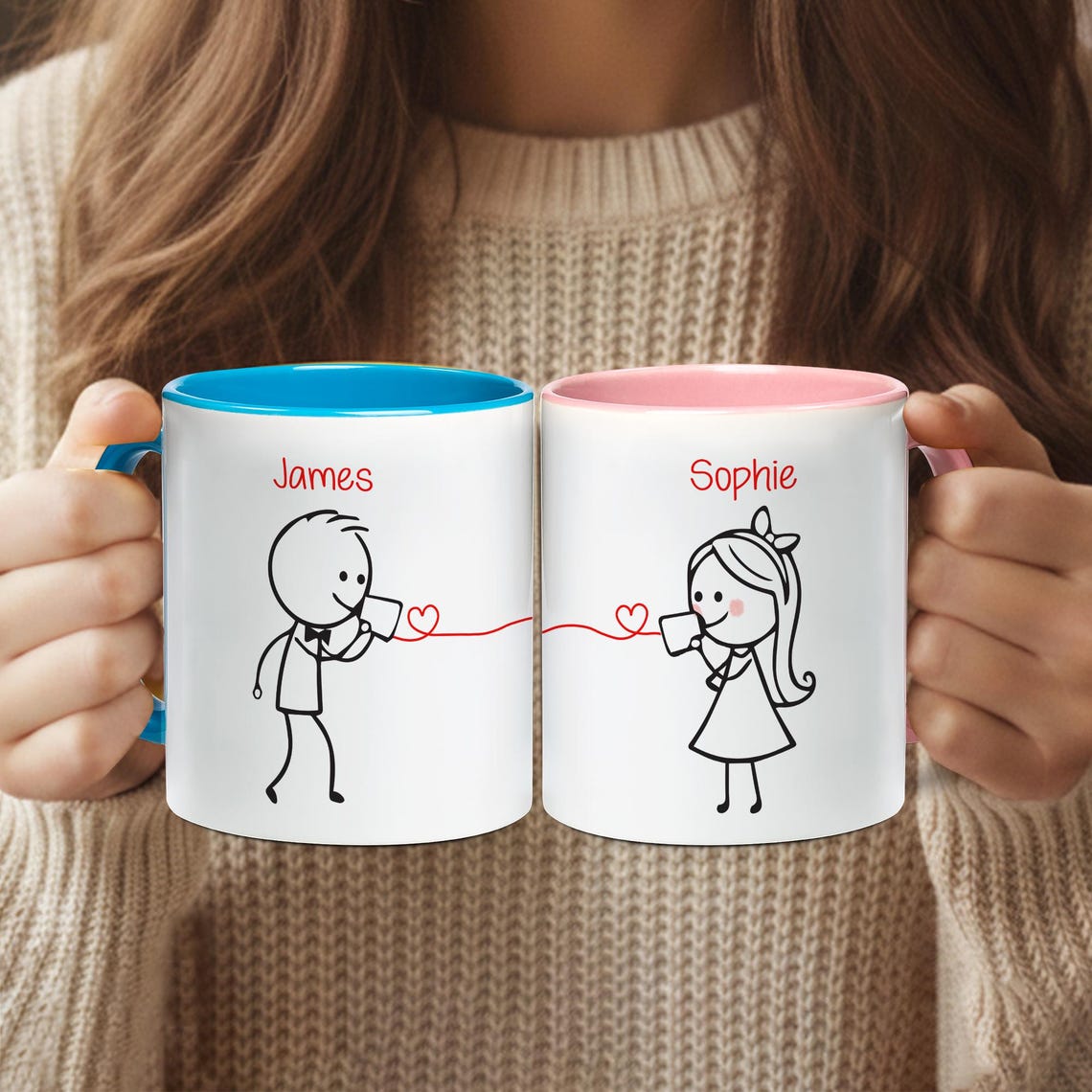 Personalized Couple Mug Set – Cute Love Line Illustration Coffee Mugs ...