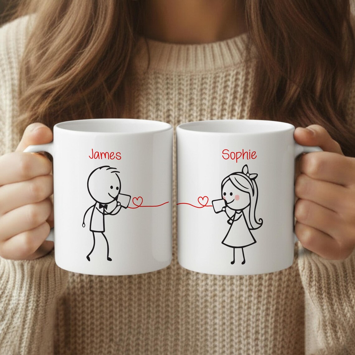 Personalized Couple Mug Set – Cute Love Line Illustration Coffee Mugs ...