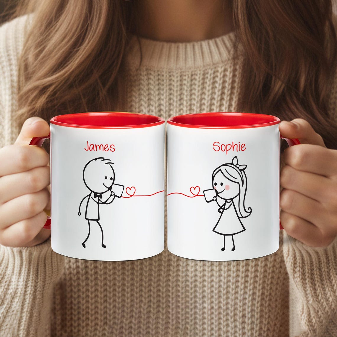 Personalized Couple Mug Set – Cute Love Line Illustration Coffee Mugs ...