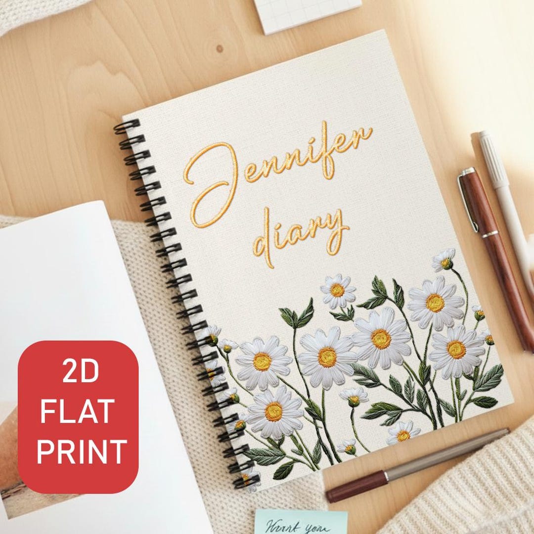 Personalized Daisy Leather Notebook 2D Flat Print, Faux Embroidery ...
