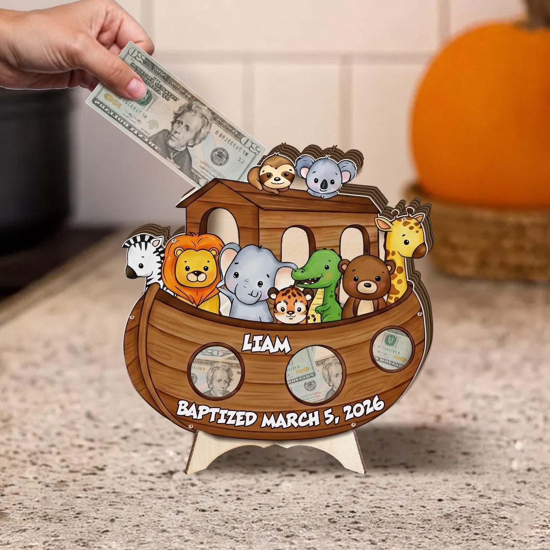 Personalized Noah’s Ark Piggy Bank, Baptism Gift for Baby, Custom Money ...