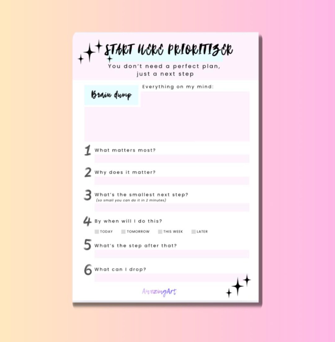 Start Here Prioritizer A4 Printable | Brain Dump & Priority Worksheet ...