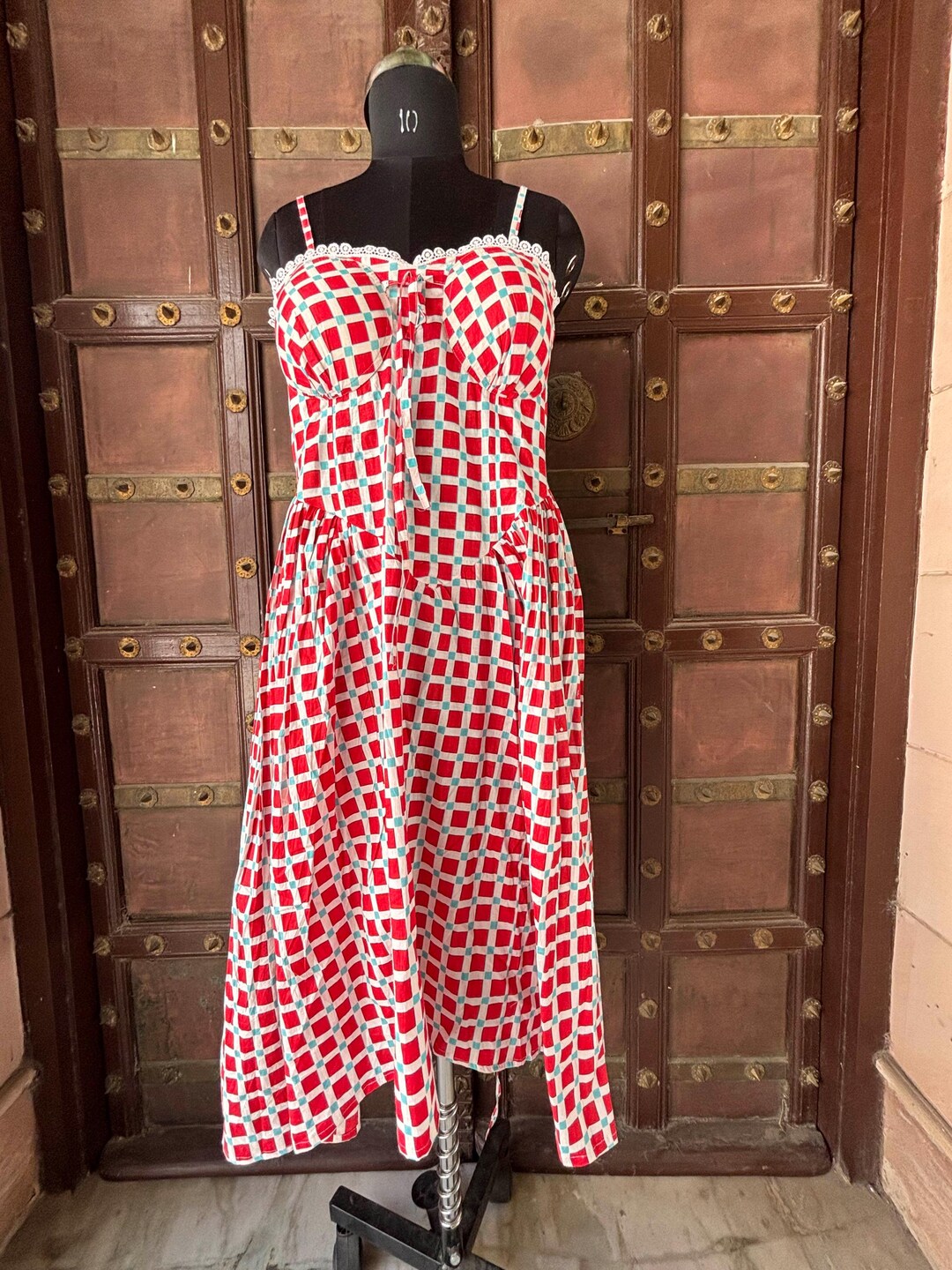 Checkered Cotton Gauze Sundress, Corset Back, Lace Trim - Etsy