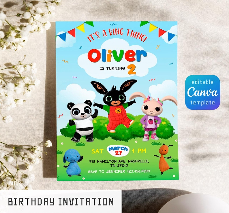 Bing Birthday Invitation, Bunny Printable Invitation, Party Invite ...