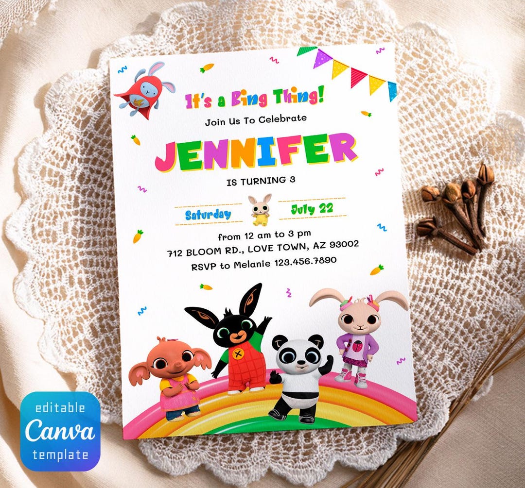 Bing Birthday Invitation, Bunny Printable Invitation, Party Invite ...