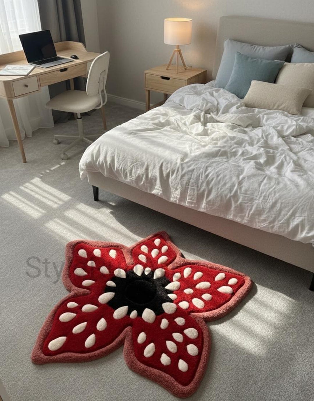 Red Flower Tufted Rug, Aesthetic Floral Floor Rug, Whimsical Mushroom ...