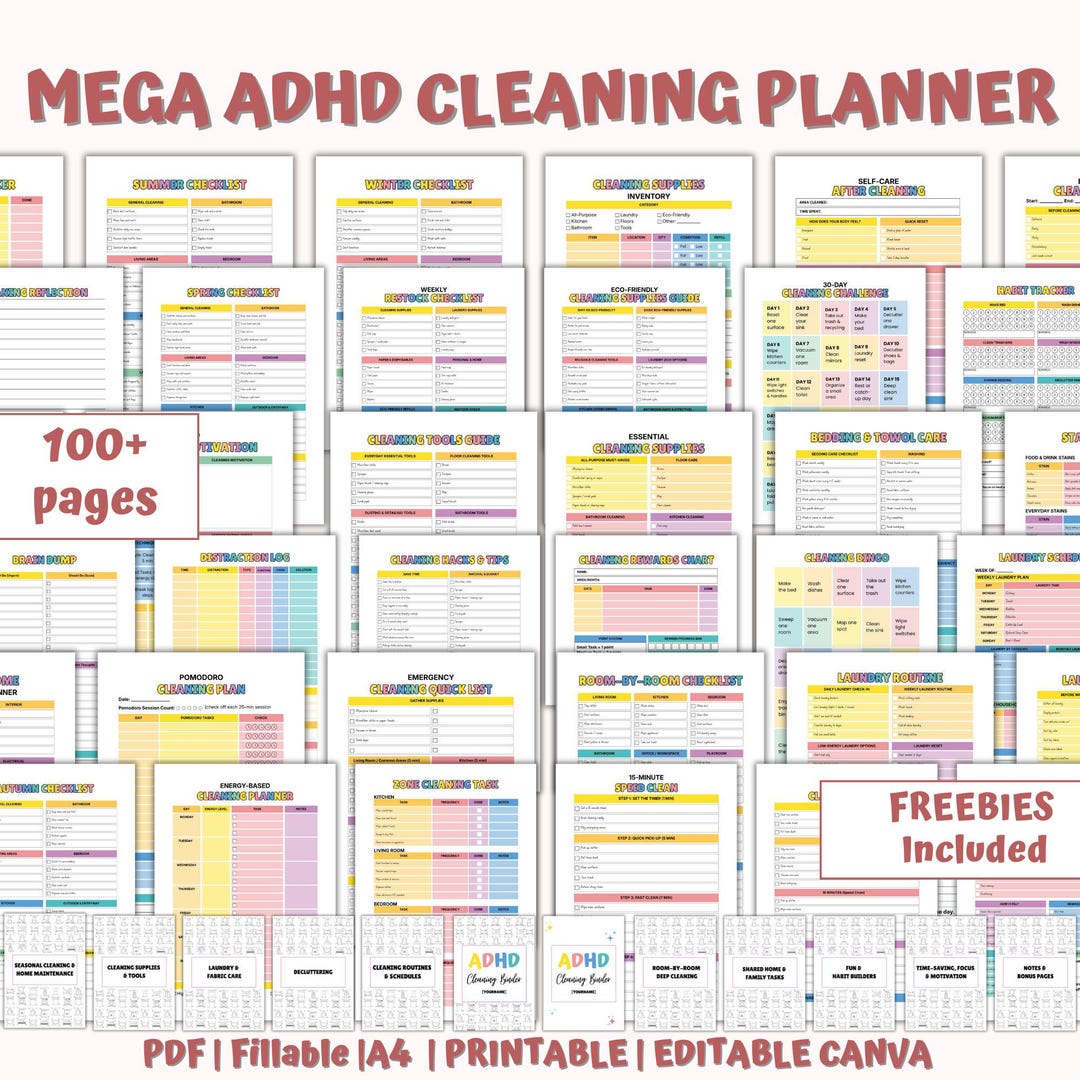 ADHD Cleaning Planner Bundle | Cleaning Schedule, Weekly & Monthly ...