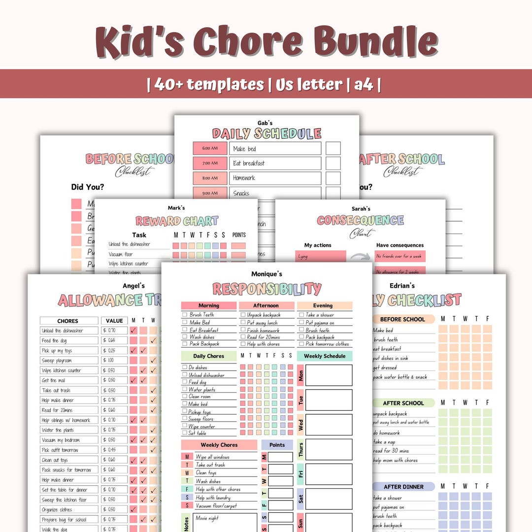 Editable Kids Chore Chart Bundle, Responsibility, Reward, Routine (PDF ...