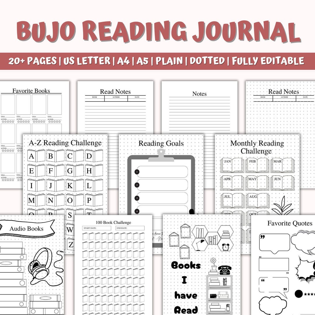 Book Reading Journal Bundle Printable Page,a4 Bullet Journal Pages ...