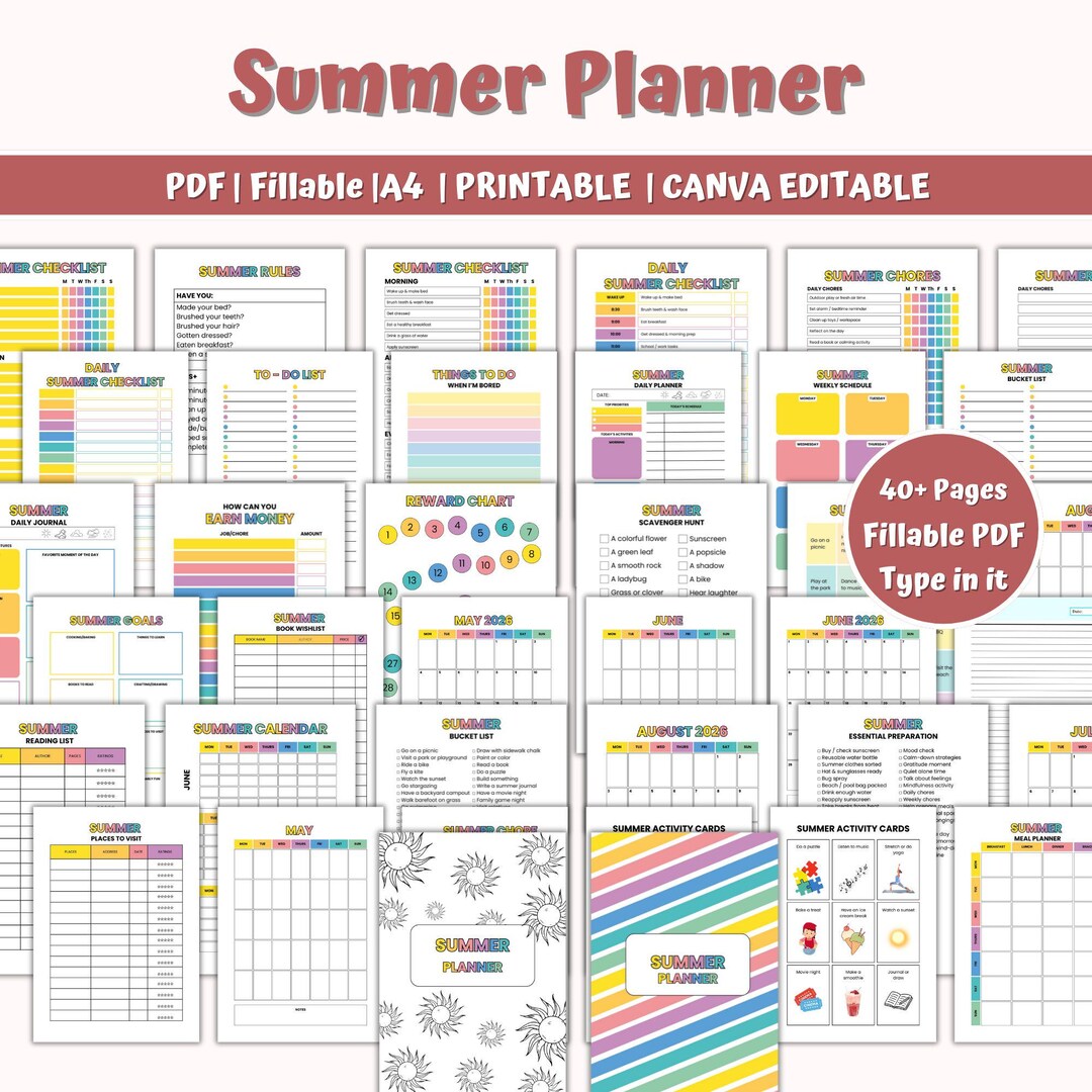Kids Summer Planner 2026, Editable Activity Chart (PDF Printable, Canva ...
