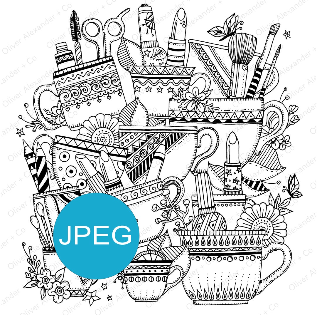 Printable Makeup and Tea Cup Mandala Coloring Page, Adult Coloring ...