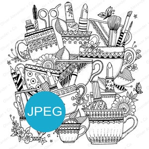 Printable Makeup and Tea Cup Mandala Coloring Page, Adult Coloring ...