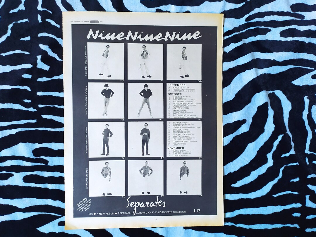 Original 1978 999 UK Tour Advert/poster, Rare Vintage Poster "separates ...