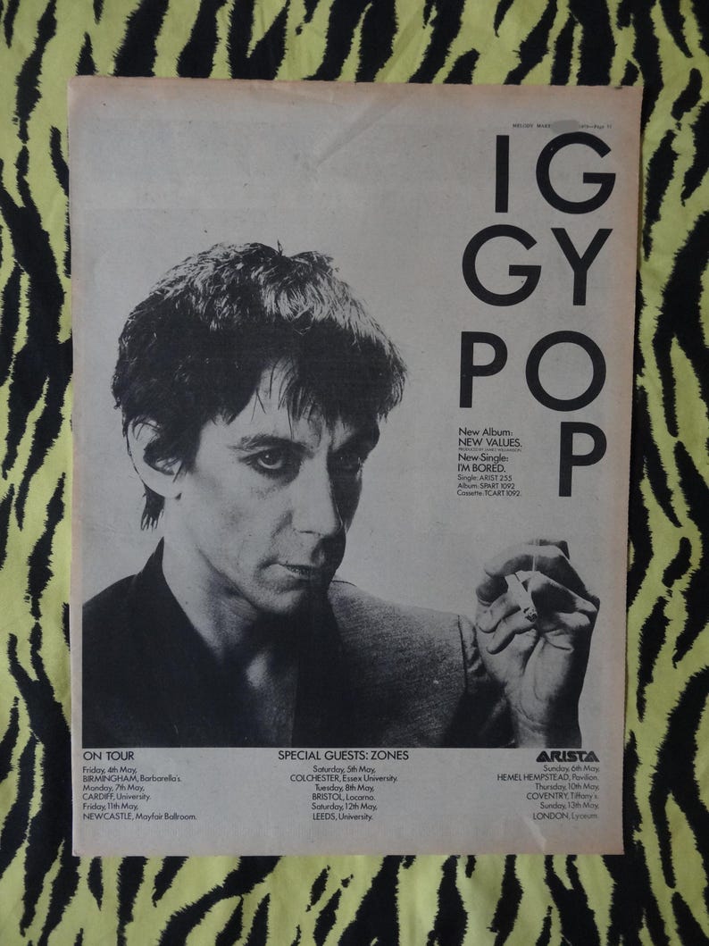 Original 1979 Iggy Pop on Tour Advert/poster, Rare Vintage Poster, Iggy ...