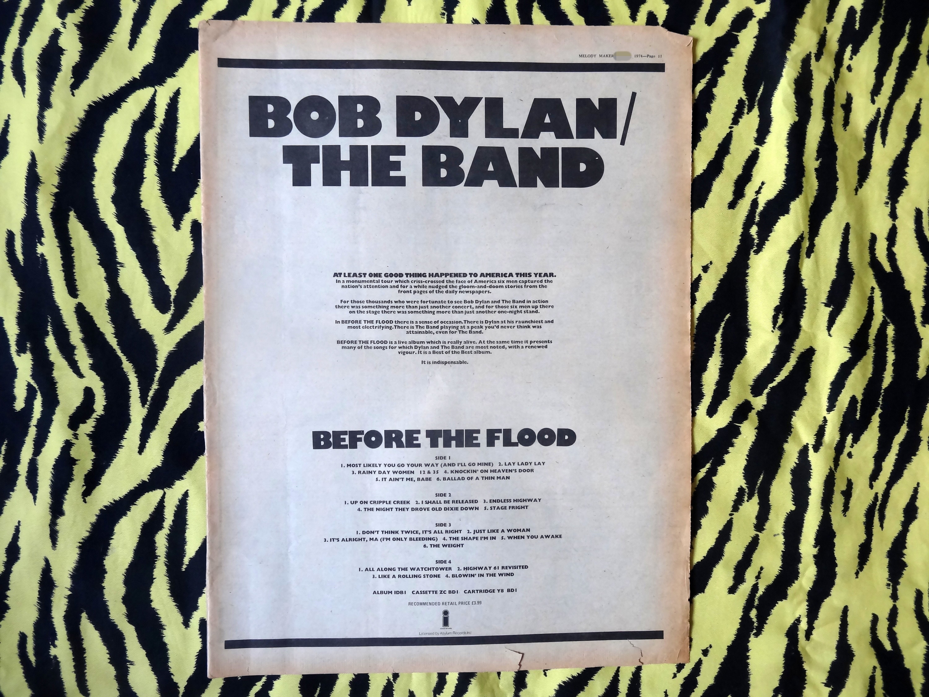 Original 1974 Bob Dylan Advert Poster, Rare Vintage Poster, "before the ...