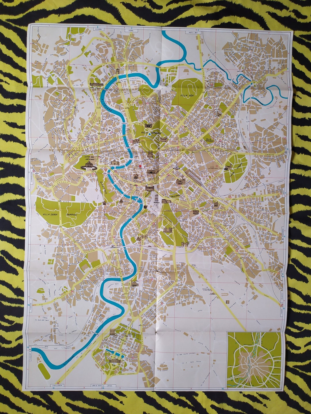 1975 Rome, Italy Vintage Map Antique Travel Guidebook Roma, Double ...