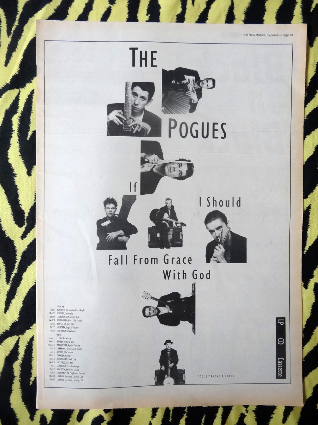 Original 1988 the Pogues Tour Advert/poster, Rare Vintage Poster, Punk ...