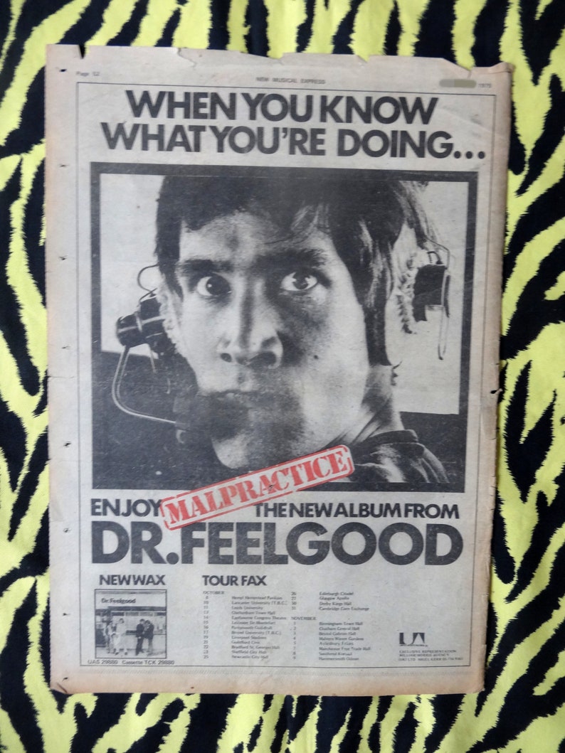 Original 1975 Dr. Feelgood Tour Advert/poster, Rare Vintage Poster "malpractice" Punk, New Wave ...