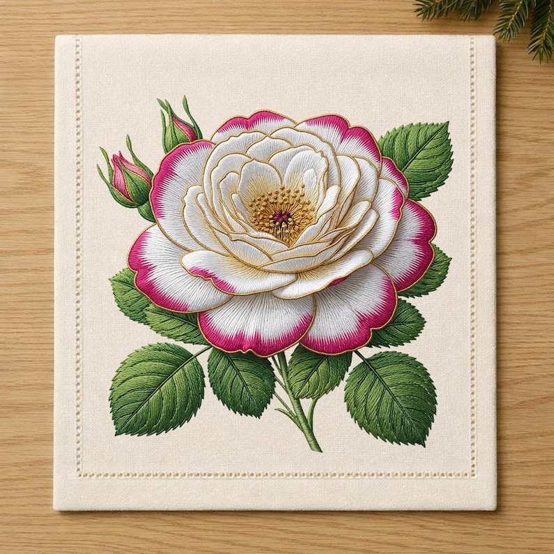 White Pink Rose Embroidery Design for Machine, Elegant Floral ...