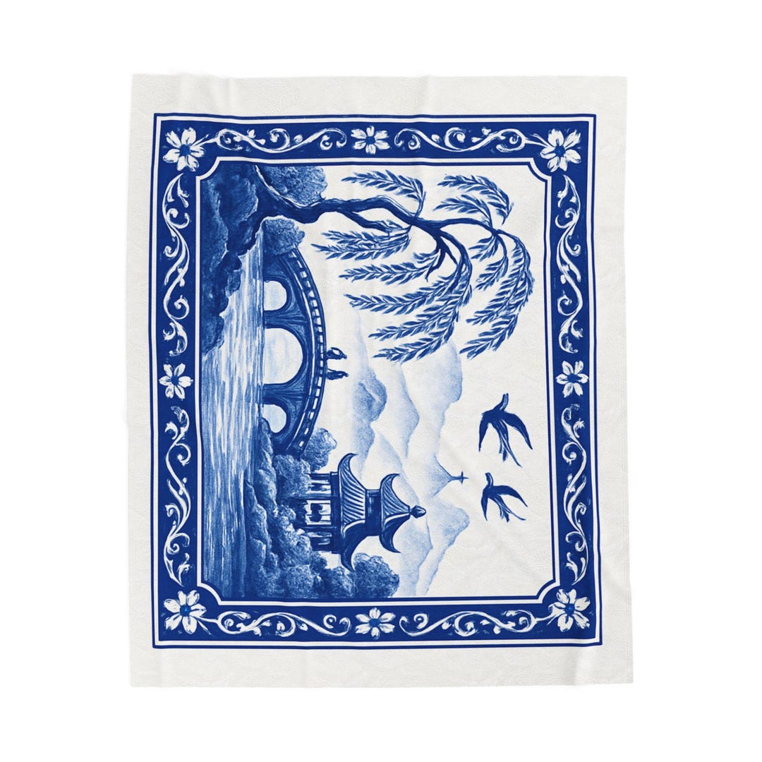 Blue Willow Scenic Pattern Blanket | Willow Tree Pagoda Bridge Design ...