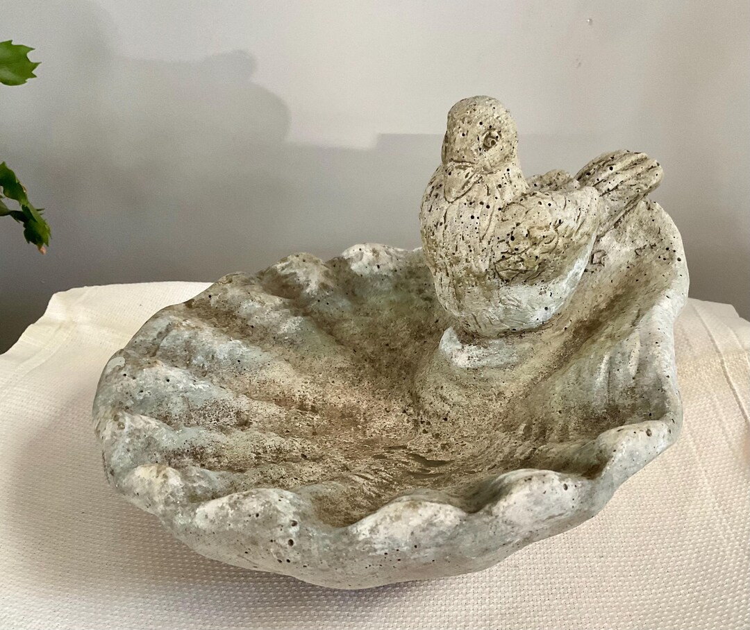 Vintage Cast Stone Bird Sitting on Shell Garden Decor - Etsy