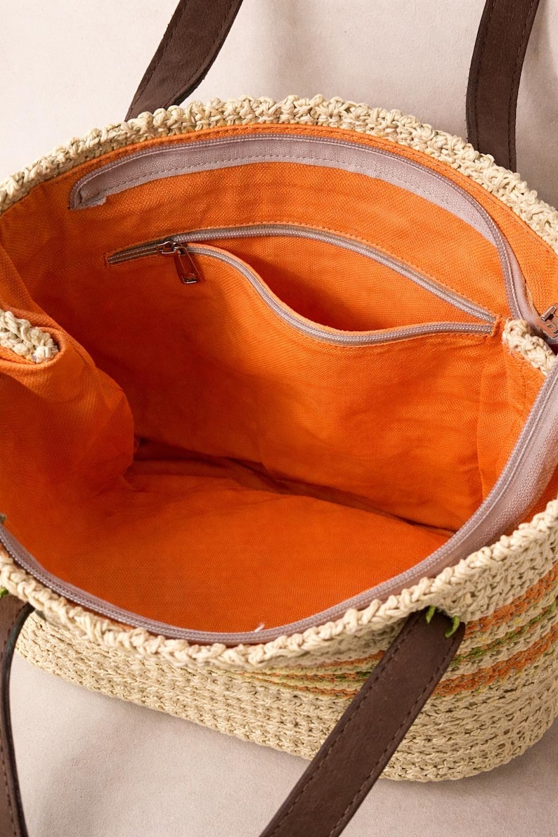 Striped Paper Yarn Tote Bag With Leather Handles - Etsy