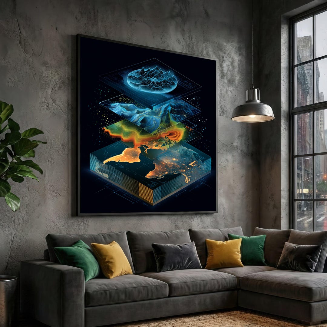 3D Topographic Map Canvas Art, Modern Geographic Layers - Etsy