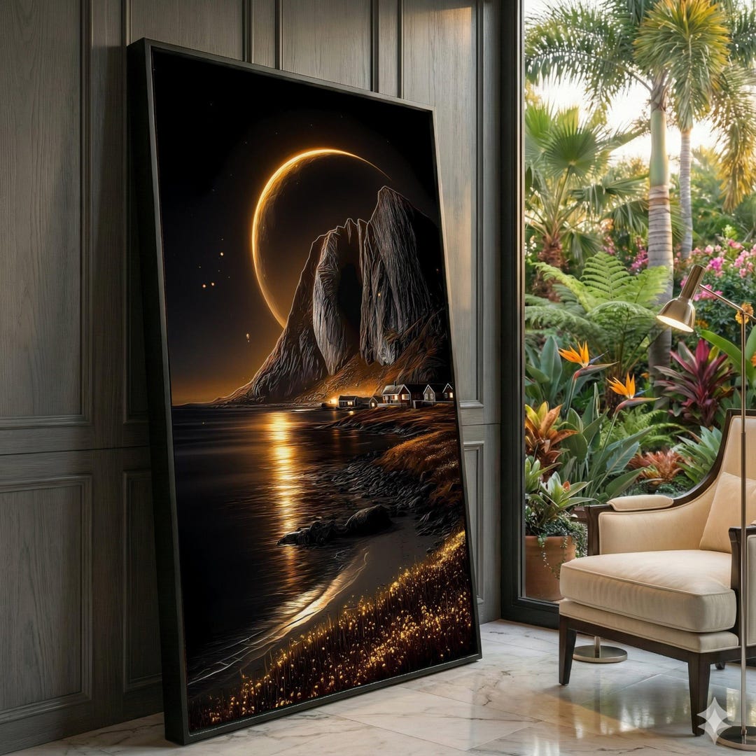 Golden Crescent Moon Night, Coastal Mountain Canvas Wall Art, Mystical ...
