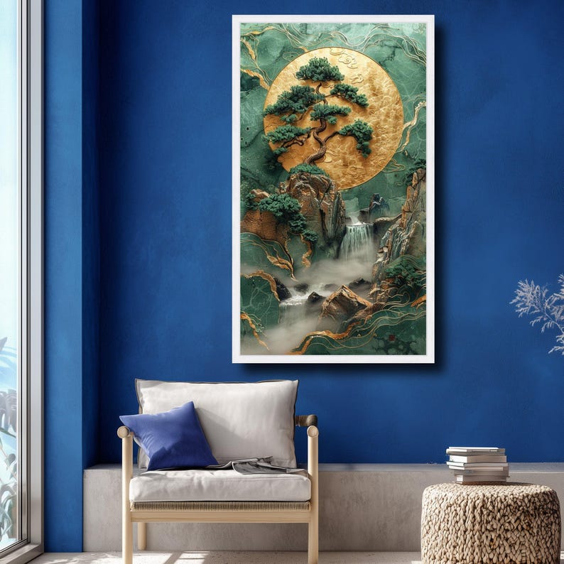 Bonsai Tree Canvas Art, Golden Moon Waterfall Scene, Asian Zen Wall ...