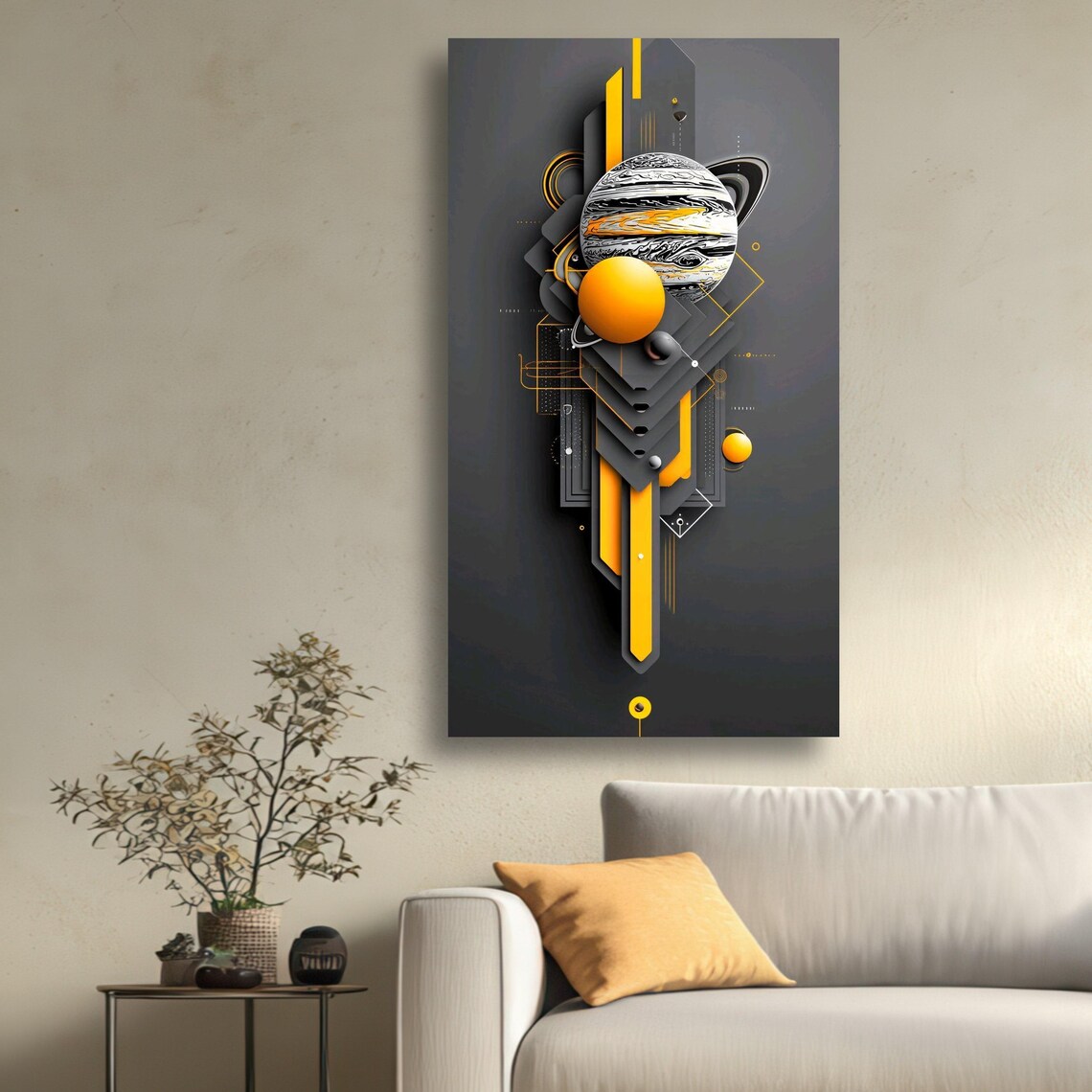 Geometric Solar System Canvas, Modern Space Wall Art, Abstract Planet ...
