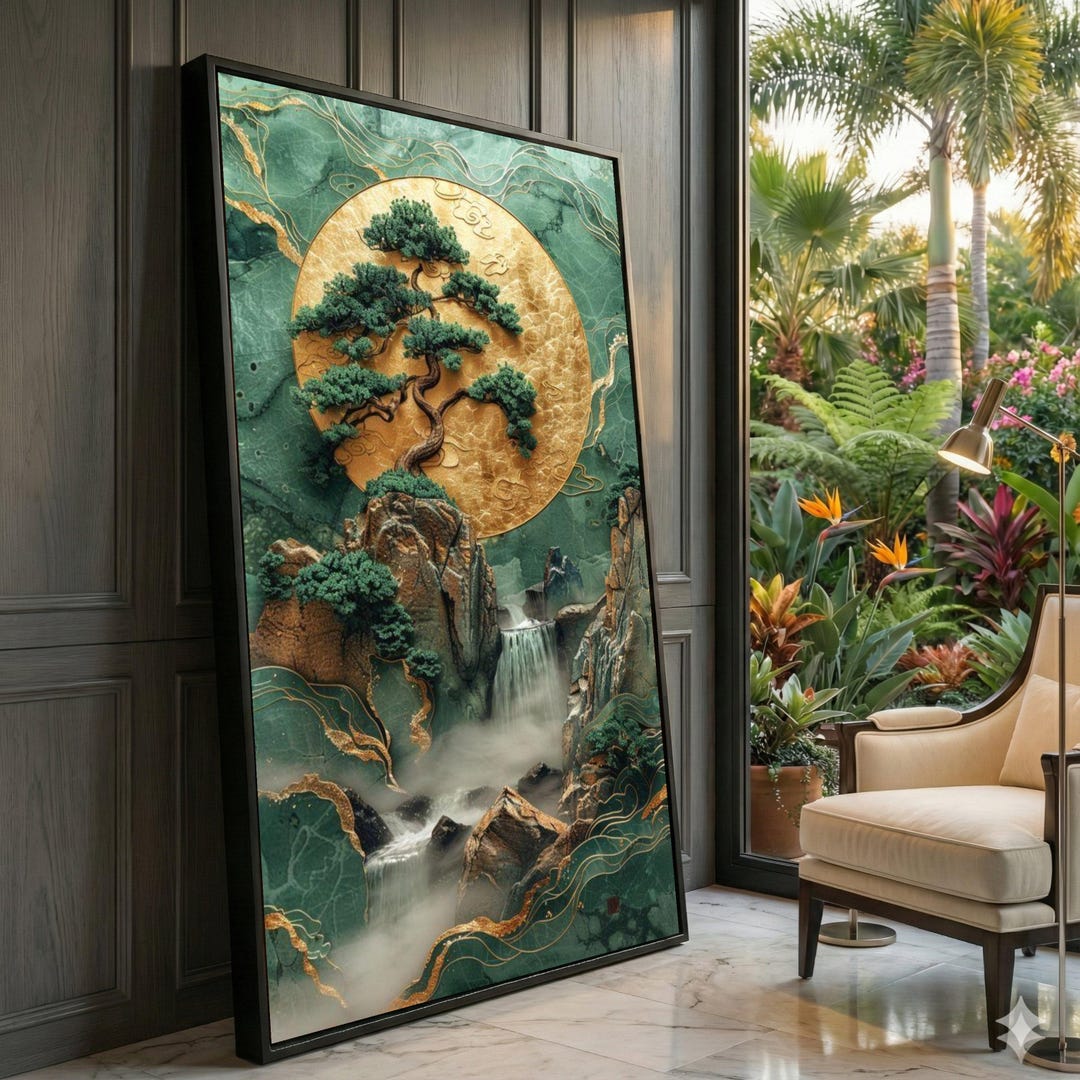 Bonsai Tree Canvas Art, Golden Moon Waterfall Scene, Asian Zen Wall ...