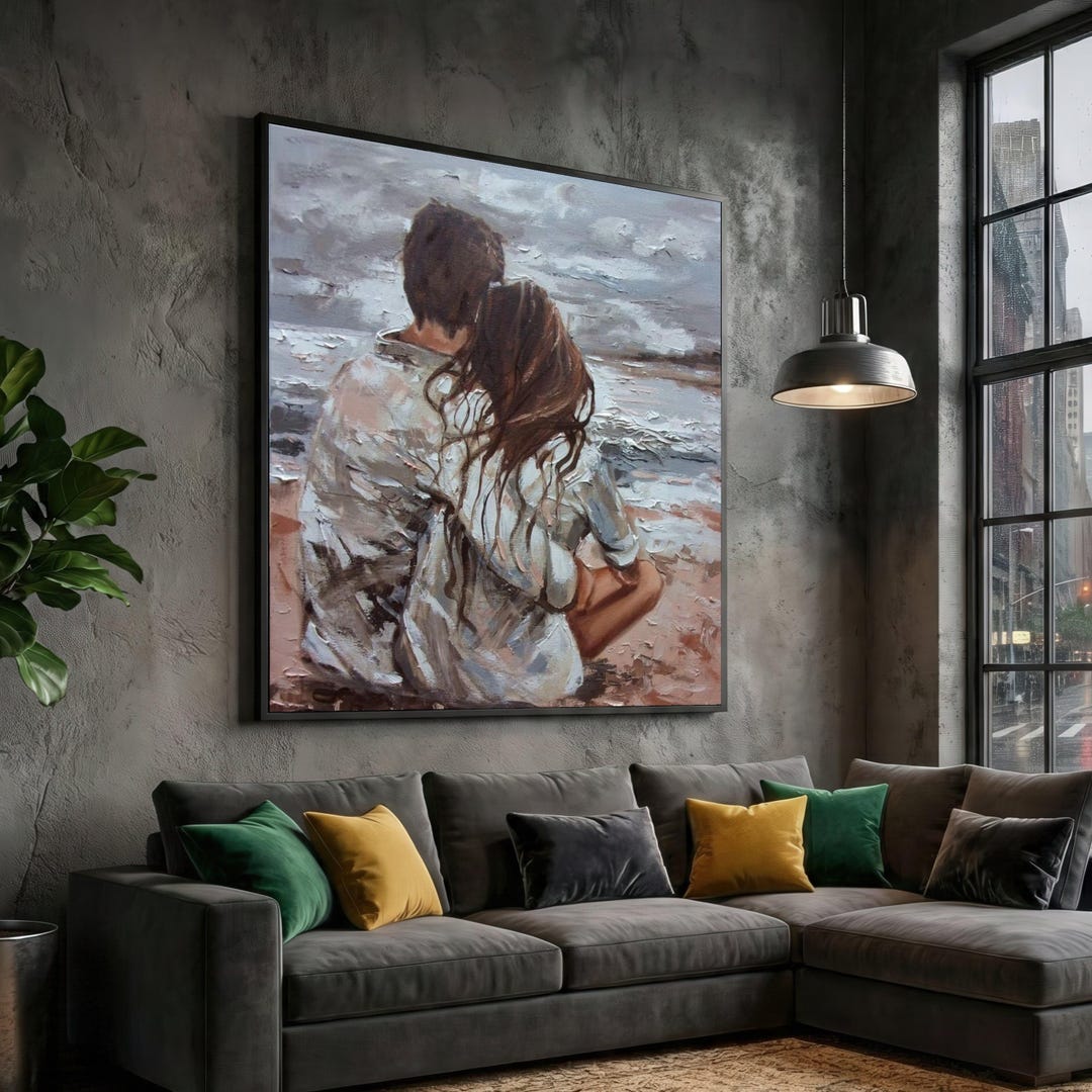Romantic Couple Embrace Canvas, Beach Ocean View Wall Art, Intimate ...