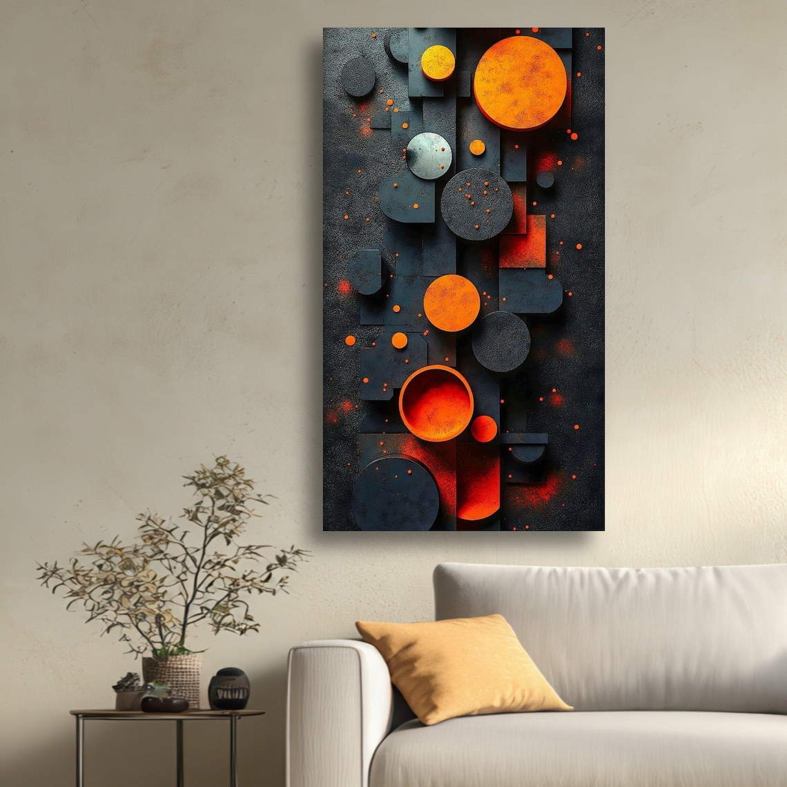 Modern Abstract Geometric Canvas, Orange and Black 3D Shapes Wall Art ...