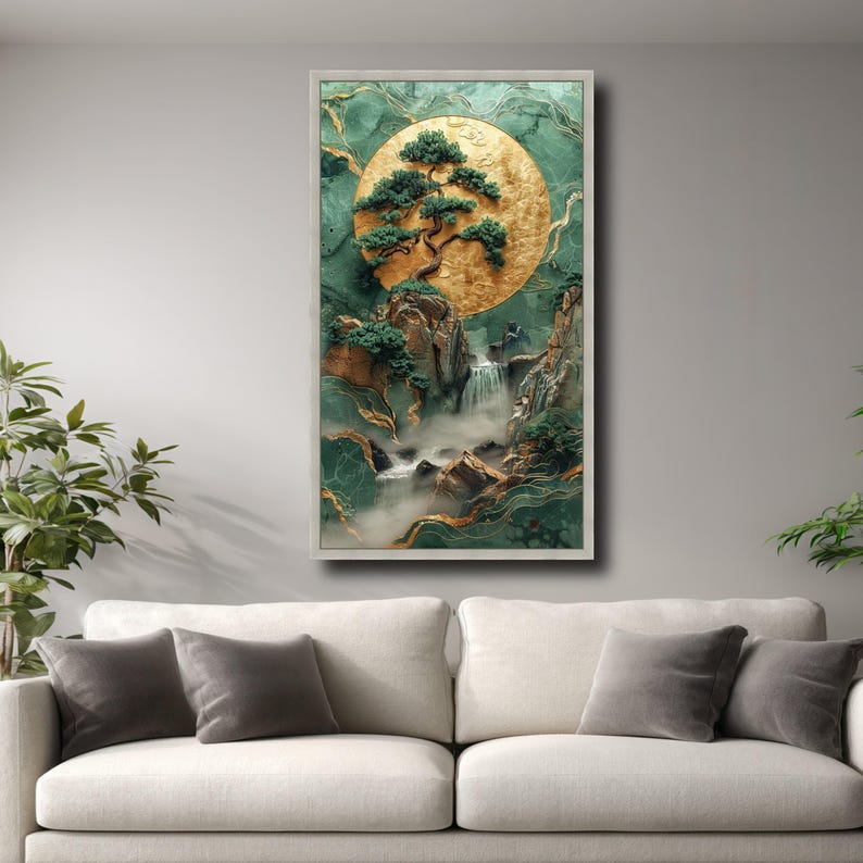 Bonsai Tree Canvas Art, Golden Moon Waterfall Scene, Asian Zen Wall ...